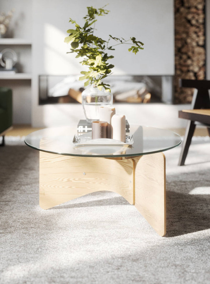 Madera, Round Wood Coffee Table with Glass Top by Umbra – Nüspace